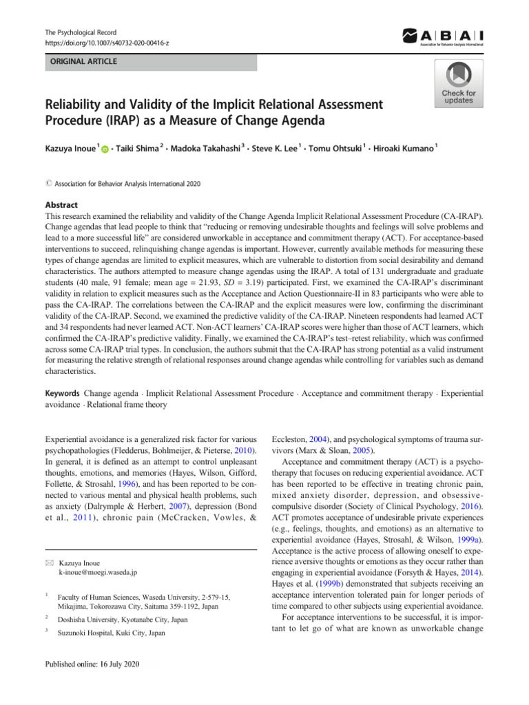 Reliability And Validity Of The Implicit Relational Assessment Pdf Validity Statistics