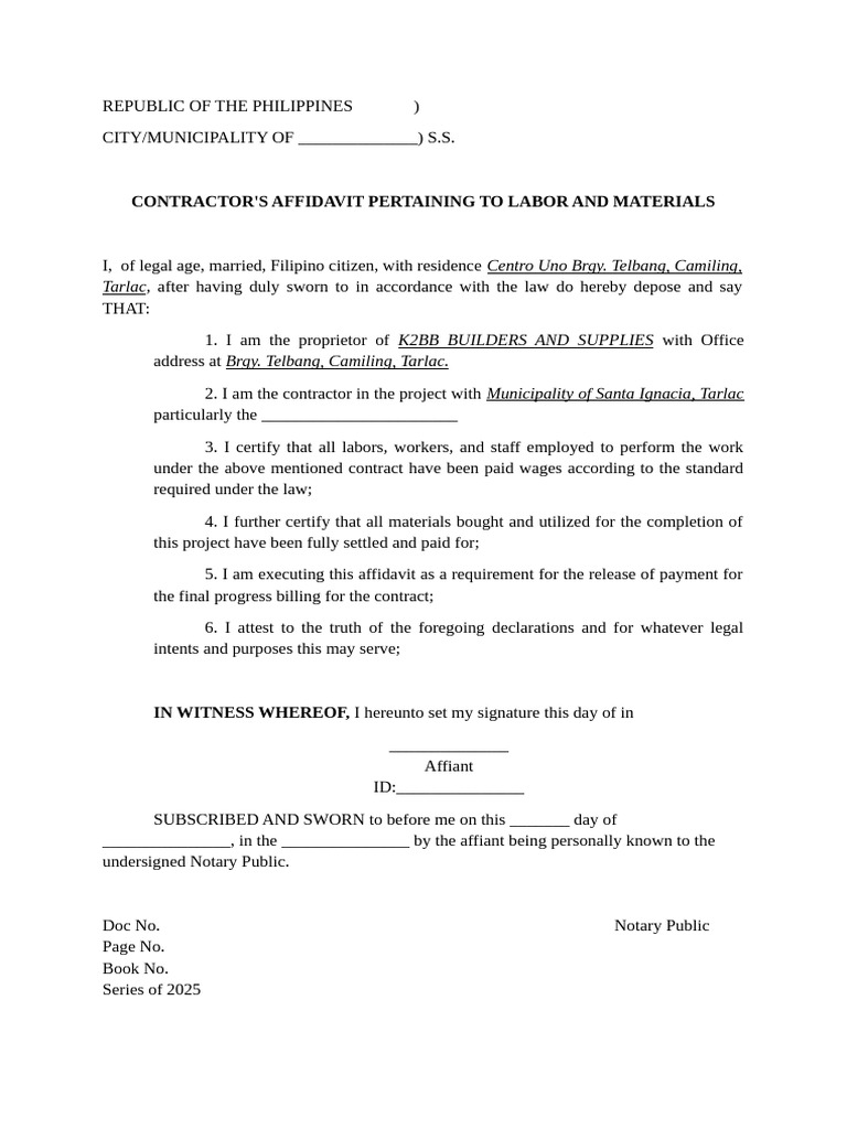 Contractor's Affidavit for Payment Release | PDF | Affidavit | Legal ...