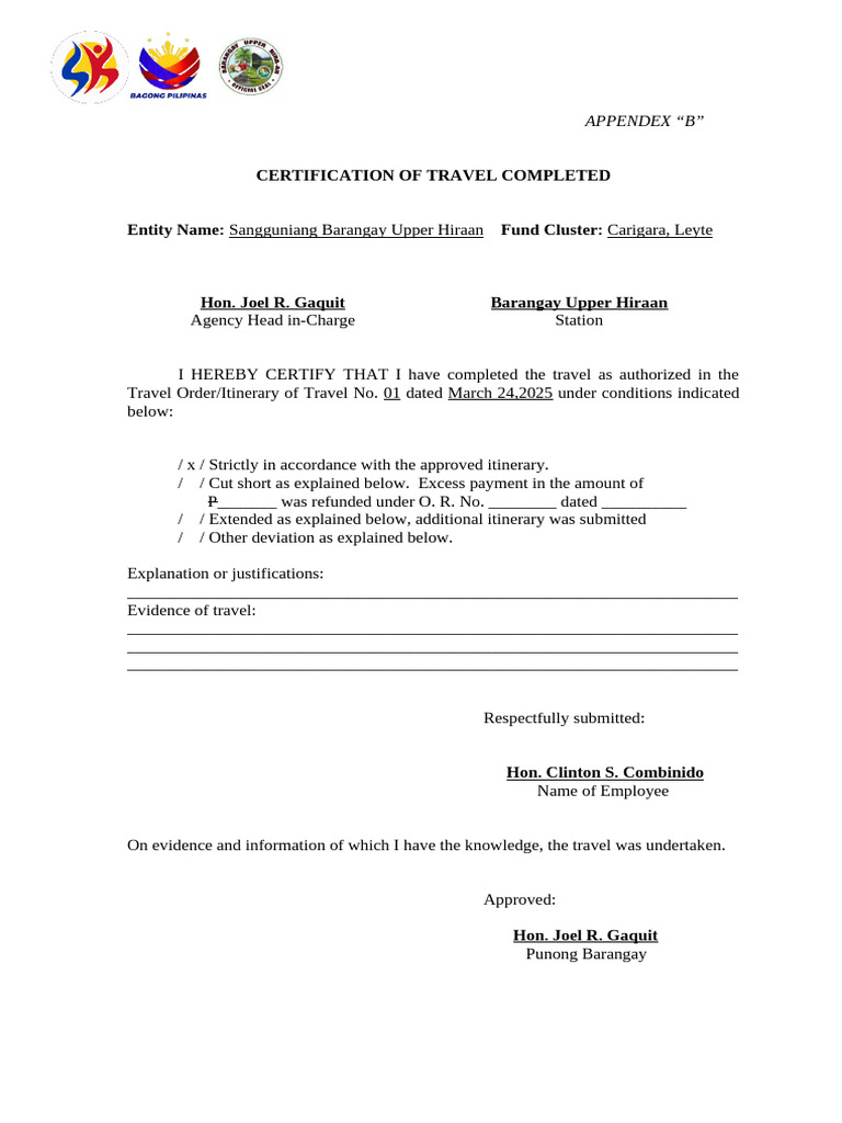 Certificate of Traval Completed | PDF