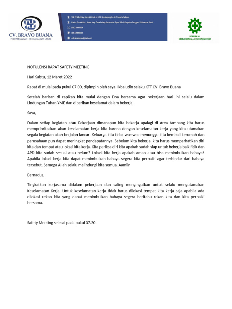 Notulensi Rapat Safety Meeting | PDF