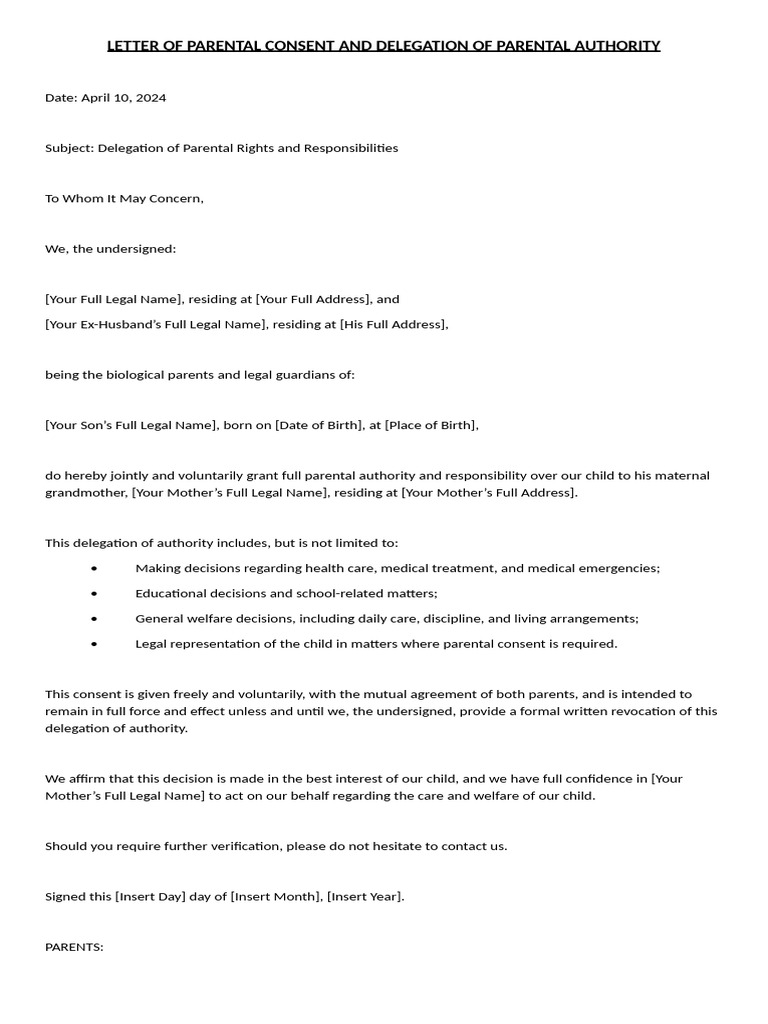 Parental Consent and Authority Delegation | PDF | Consent | Mother