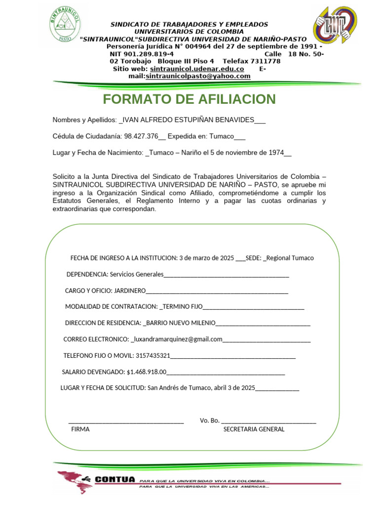 Formato de Afiliación | PDF
