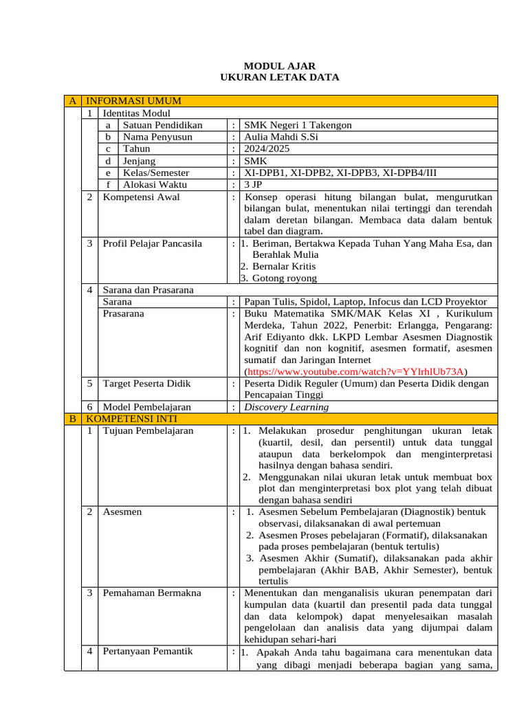 Modul Ajar Ukuran Letak Data | PDF