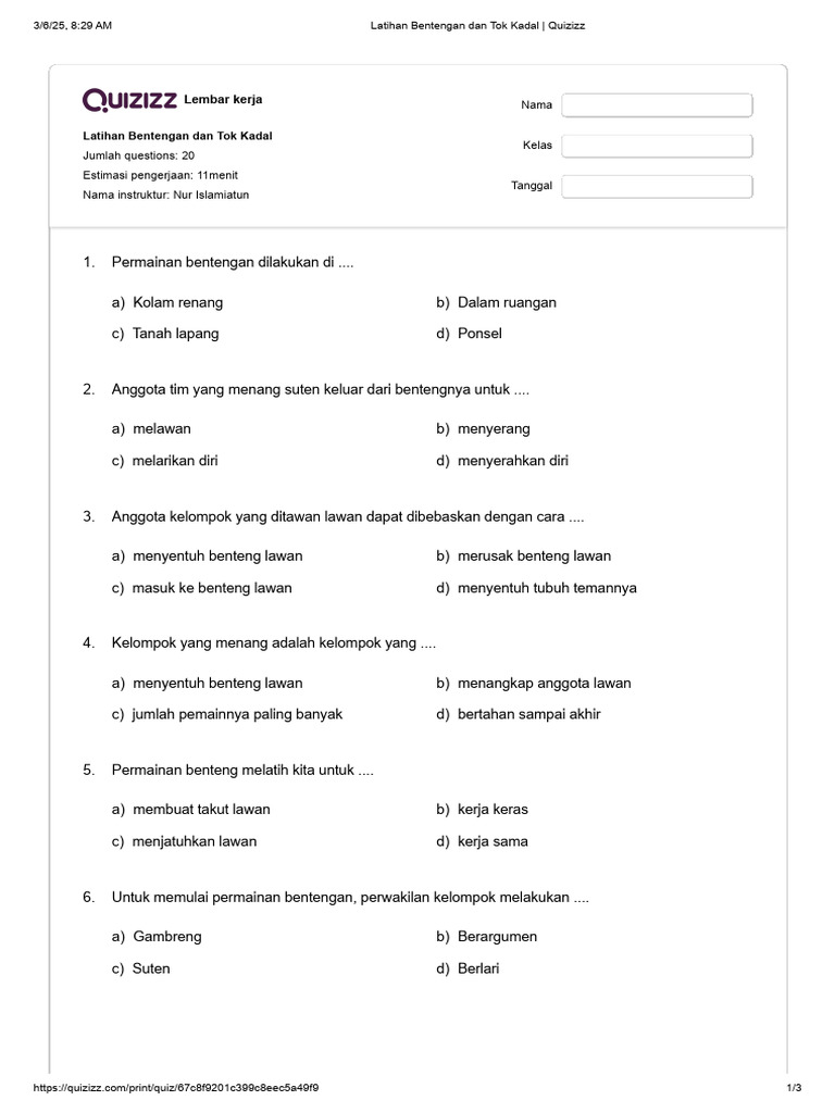 Latihan Bentengan Dan Tok Kadal - Quizizz | PDF