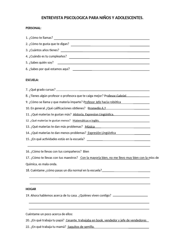 Entrevista Psicologica para Adolescentes | PDF