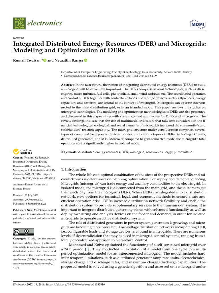 2022 - Integrated Distributed Energy Resources (DER) and Microgrids Modeling and Optimization of ...