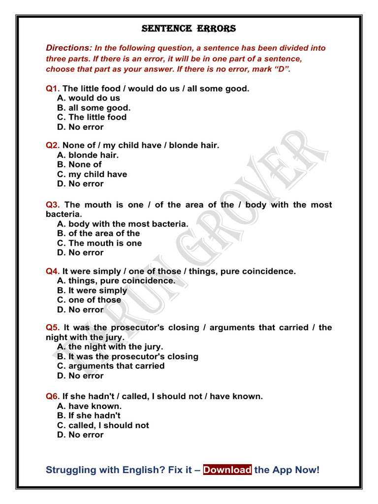 Sentence Error Correction Guide | PDF | Verb | Grammatical Number