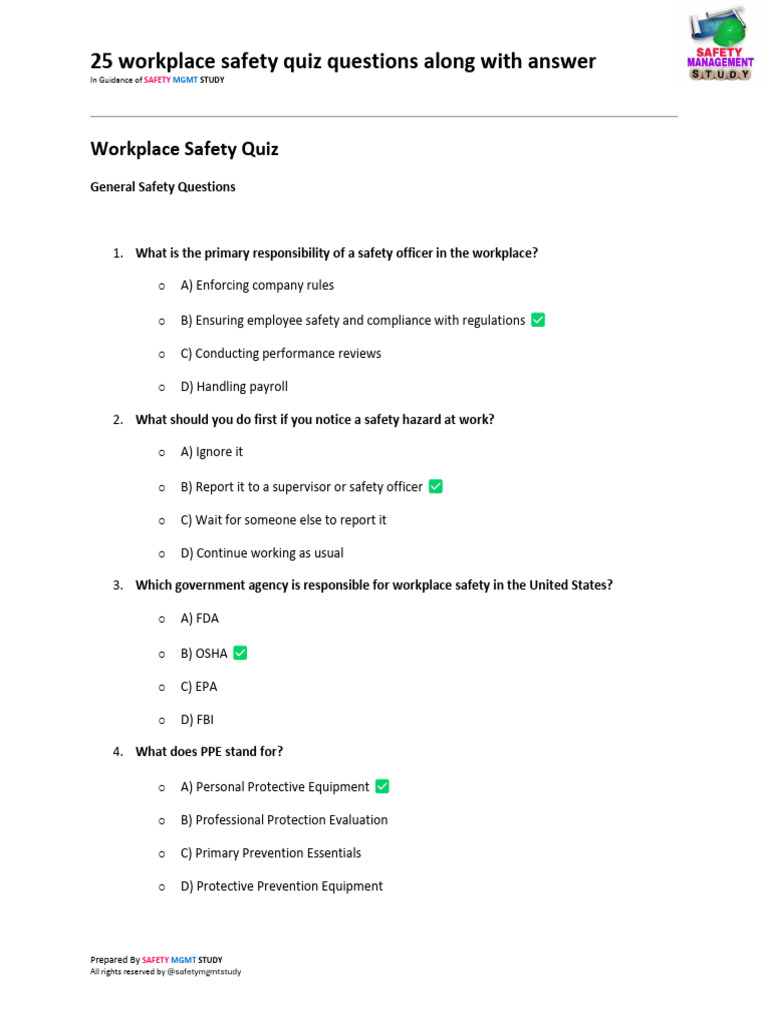 Workplace Safety Quiz (25) - Safety MGMT Study | PDF | Occupational ...
