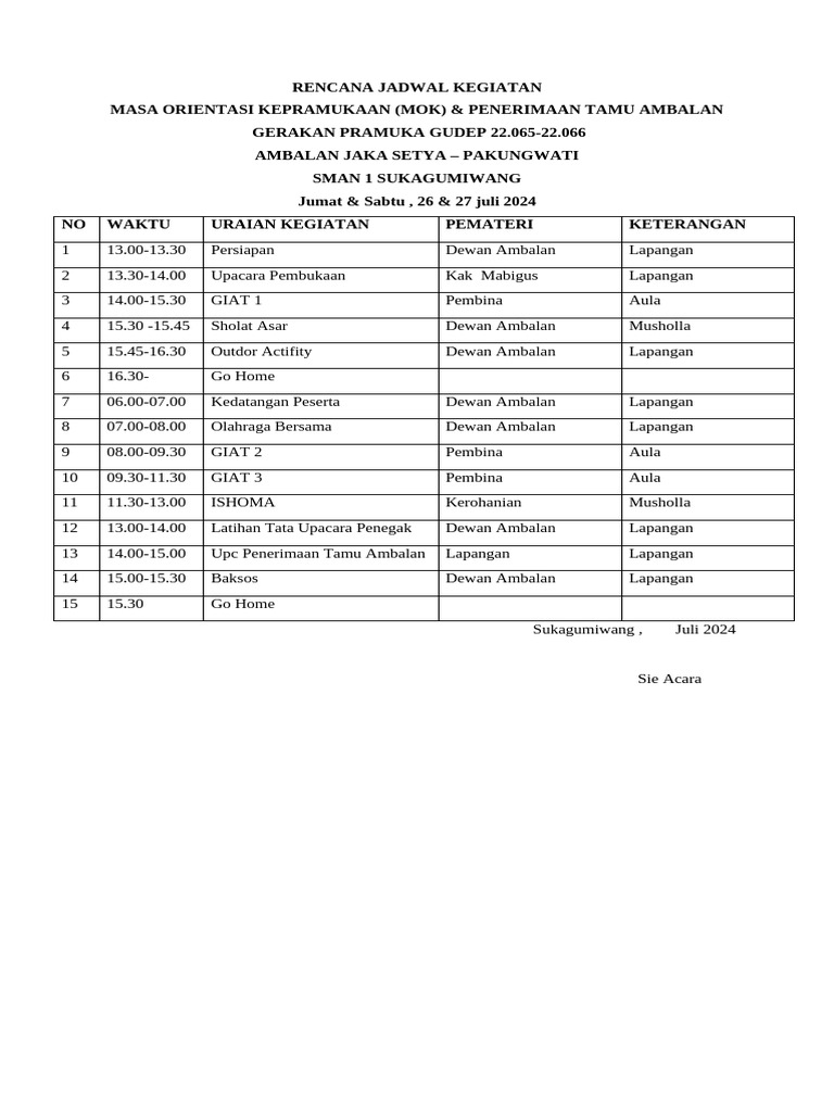 RENCANA JADWAL KEGIATAN MOK 2024 | PDF
