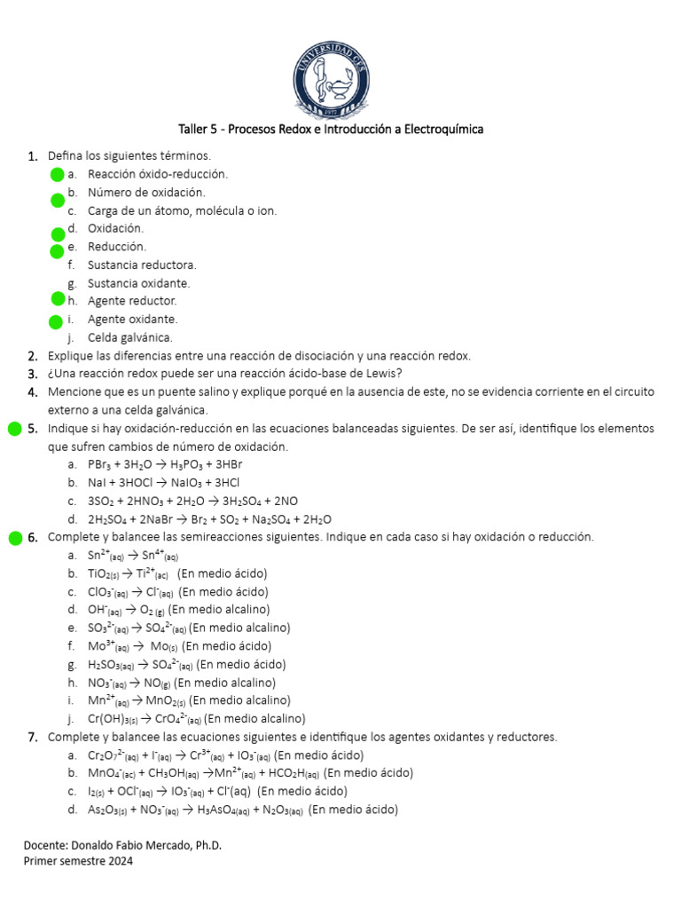 Taller 05 - Procesos Redox e Introducción A Electroquímica | PDF | Redox | Electrodo
