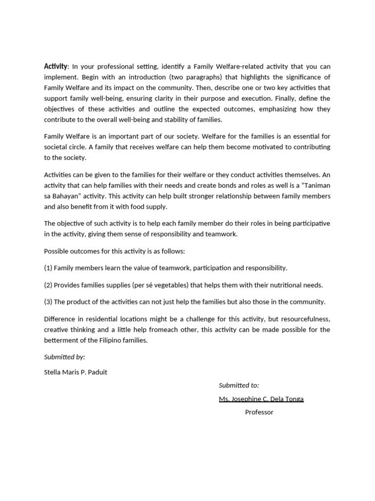 Family Welfare Activity - PADUIT, Stella Maris | PDF