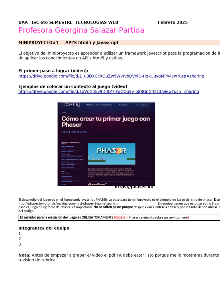 Redaccion y Rubrica Miniproyecto Phaser 2025 | PDF | Script Java | Desarrollo de software