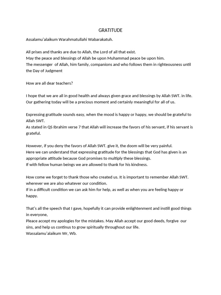 GRATITUDE, Speech by Nur Siswiyati | PDF