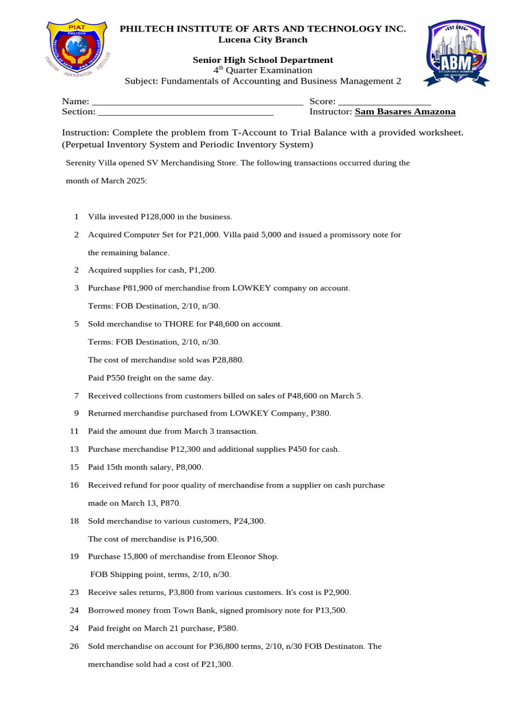 FABM 2 - 4th Quarter Examination | PDF | Debits And Credits | Business ...