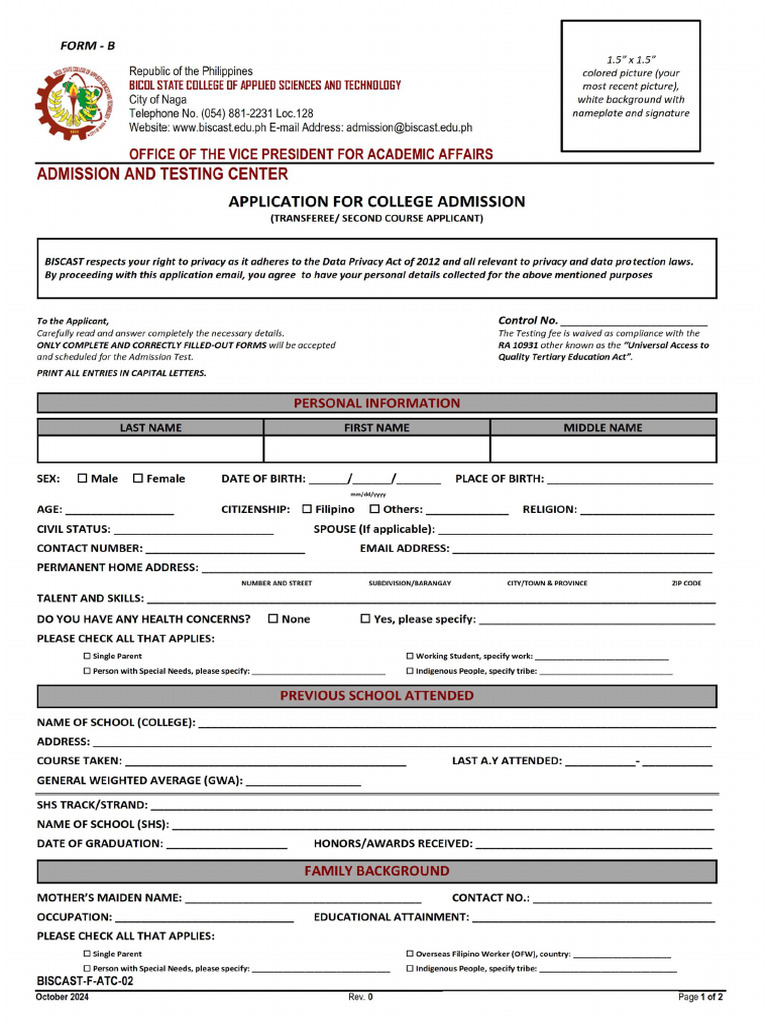 Form B - Application For College Admission (Transferees & 2nd Course) | PDF