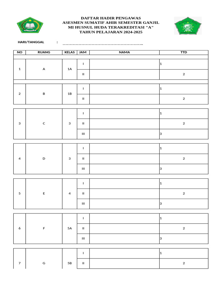 Daftar Hadir Pengawas Sas Ganjil 2024 | PDF