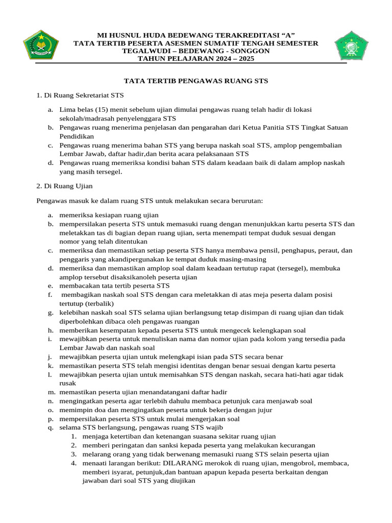 Tata Tertib Pengawas Ruang STS Ganjil 2024 | PDF
