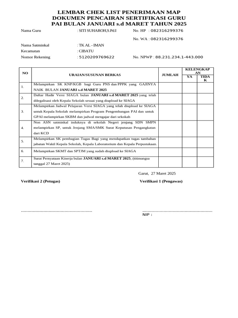 LEMBAR CEKLIS PEMBERKASAN TPG GPAI JAN MARET 2025 (1) | PDF