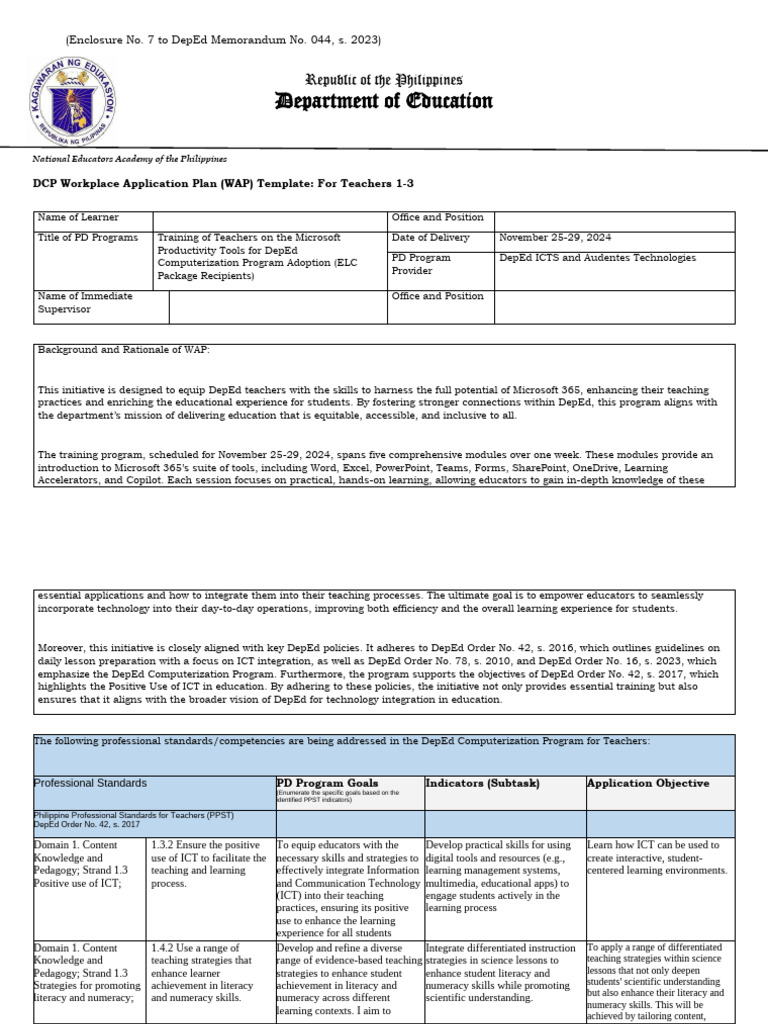 PHVIS Workplace Application Plan (WAP) - DCP For Teachers I-III | PDF ...