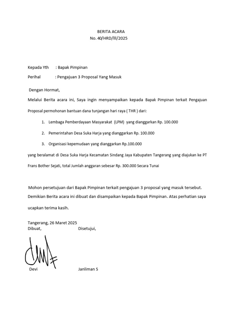 Ba Pengajuan Proposal Ba Jam Exra Driver Dan Absensi | PDF