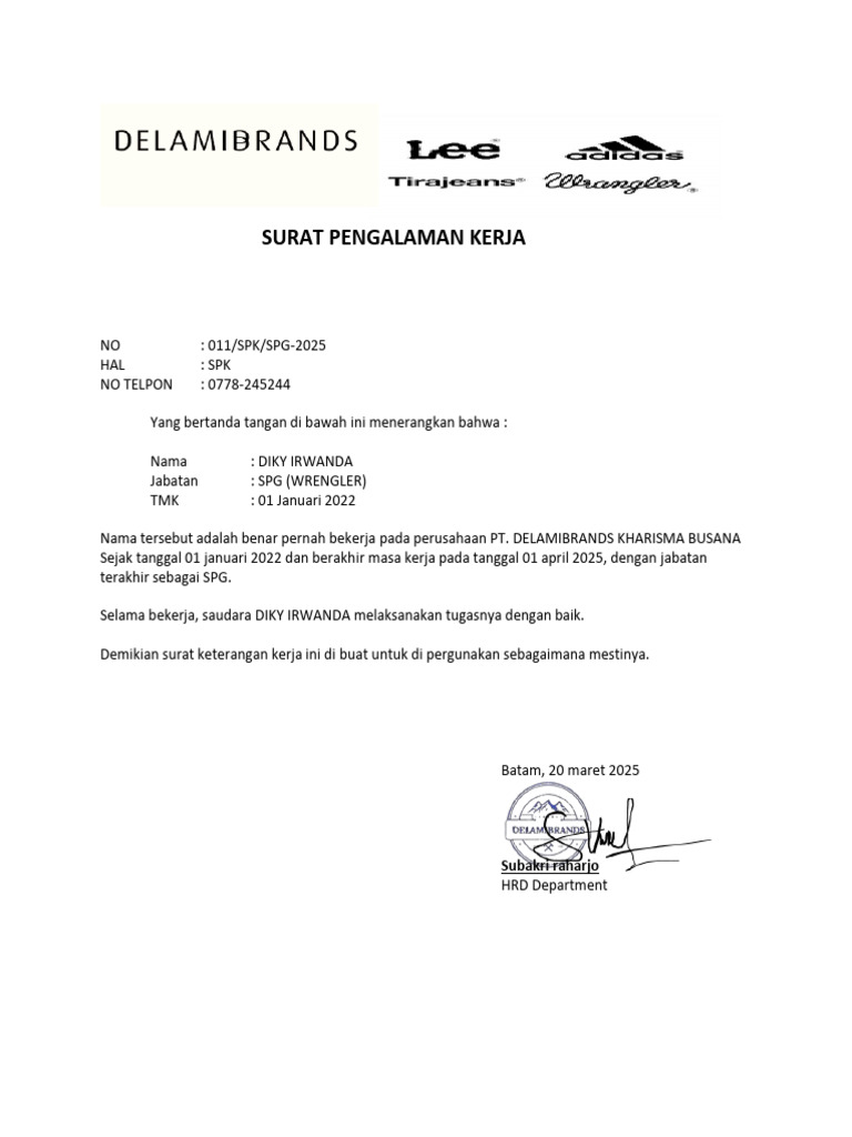 Surat Pengalaman Kerja | PDF