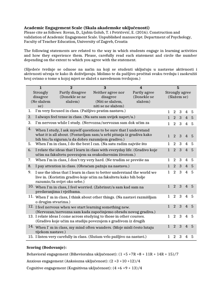 Academic Engagement Scale (Skala Akademske Uključenosti) | PDF