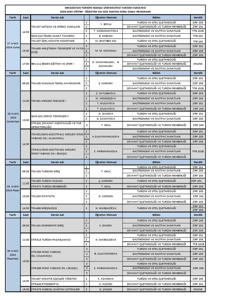 1992_2024-2025 gÜz yariyili sonu sinav programi | PDF