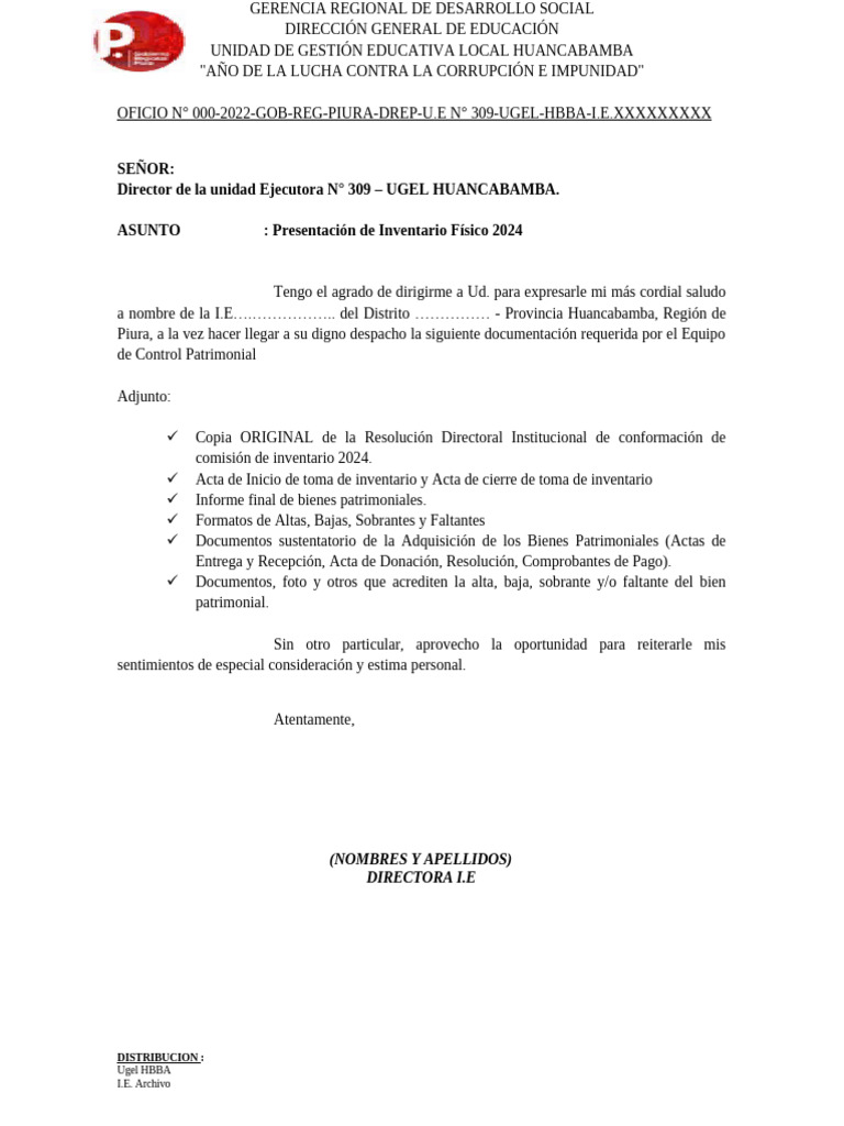 Modelo de Documentos Presentacion Toma de Inventario 2022 | PDF | Institución