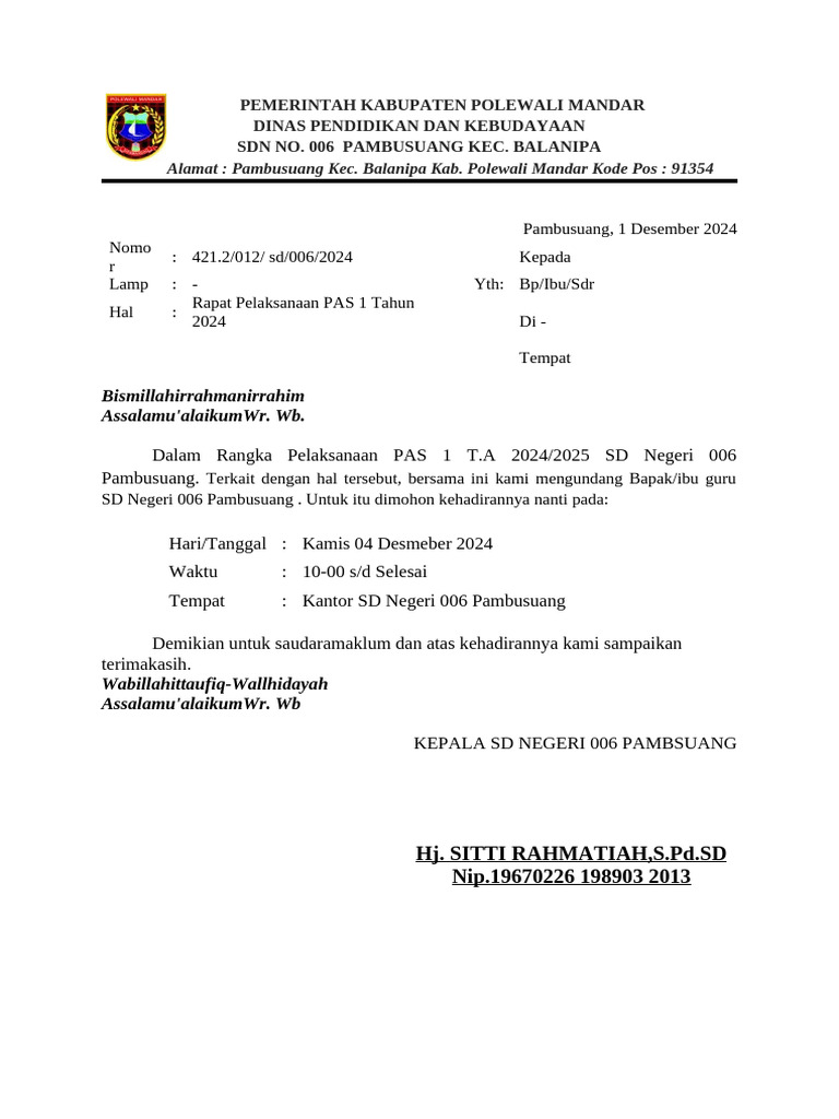 Undangan Rapat PAS 1 SDN 006 Pambusuang | PDF
