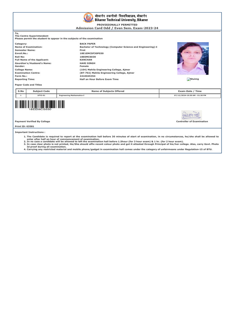 634 Admit Card BTU I Sem Back Old Scheme | PDF | Engineering