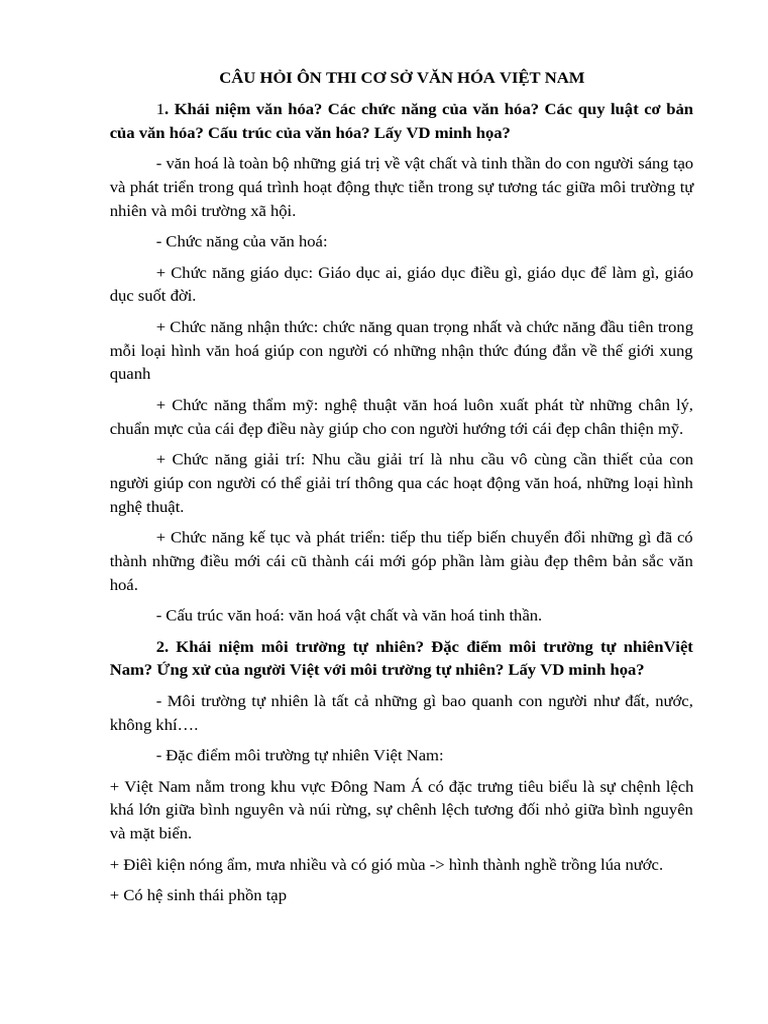 Câu Hỏi Ôn Thi CSVHVN 1 | PDF