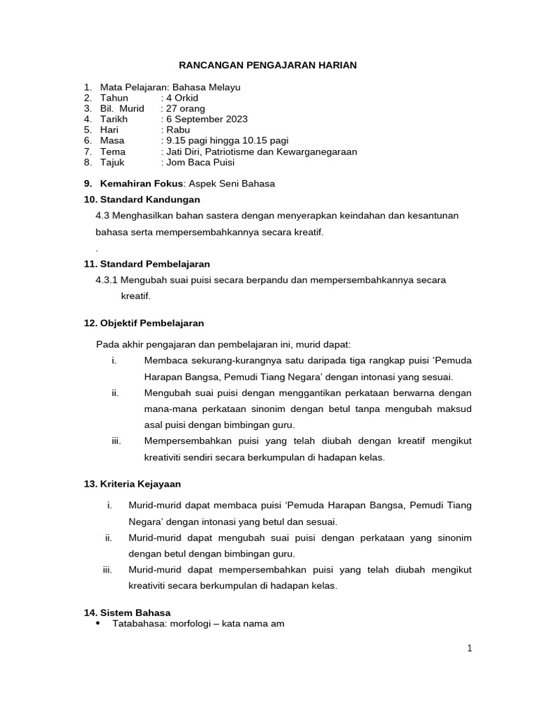 RPH BM Minggu 1 (Rabu) | PDF