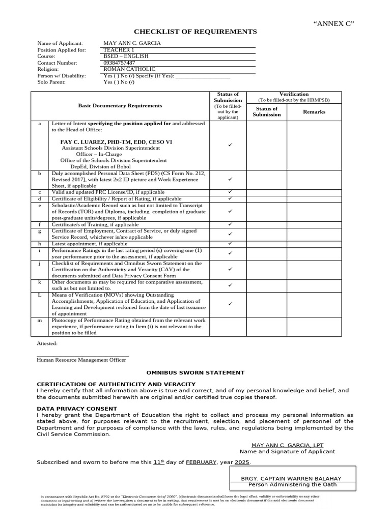 Teacher 1 Application Checklist | PDF