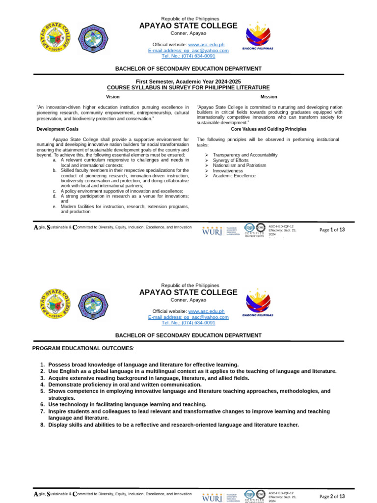 Syllabuss in Philippine Literature | PDF