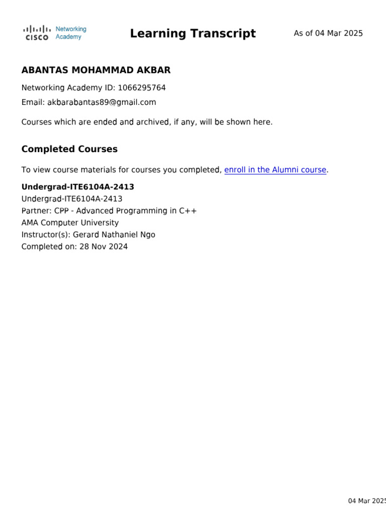 NetAcad Learning Transcript | PDF