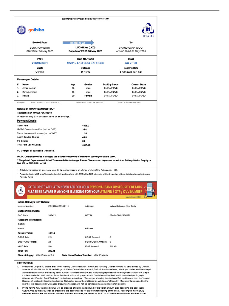 Lucknow to Chandigarh Train Ticket Details | PDF | Identity Document ...