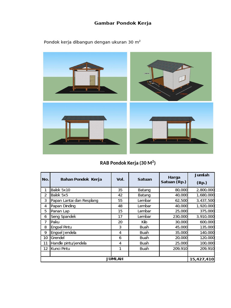 GAMBAR DAN RAB PONDOK KERJA 2024 - 30 m2 - KAYU | PDF