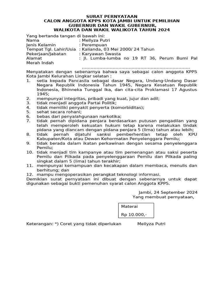 SURAT PERNYATAAN KPPS KOTA JAMBI | PDF