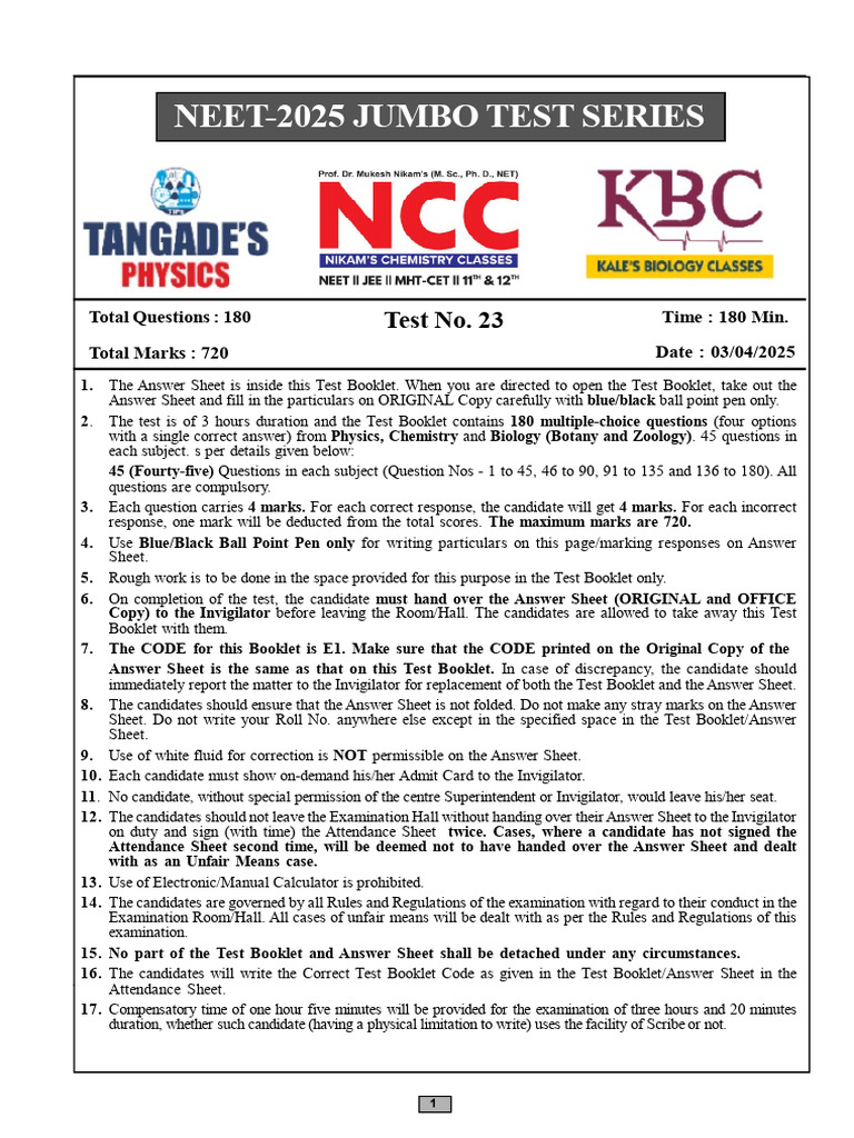 NEET 2025 Test Booklet Guidelines | PDF | Mitosis | Amine