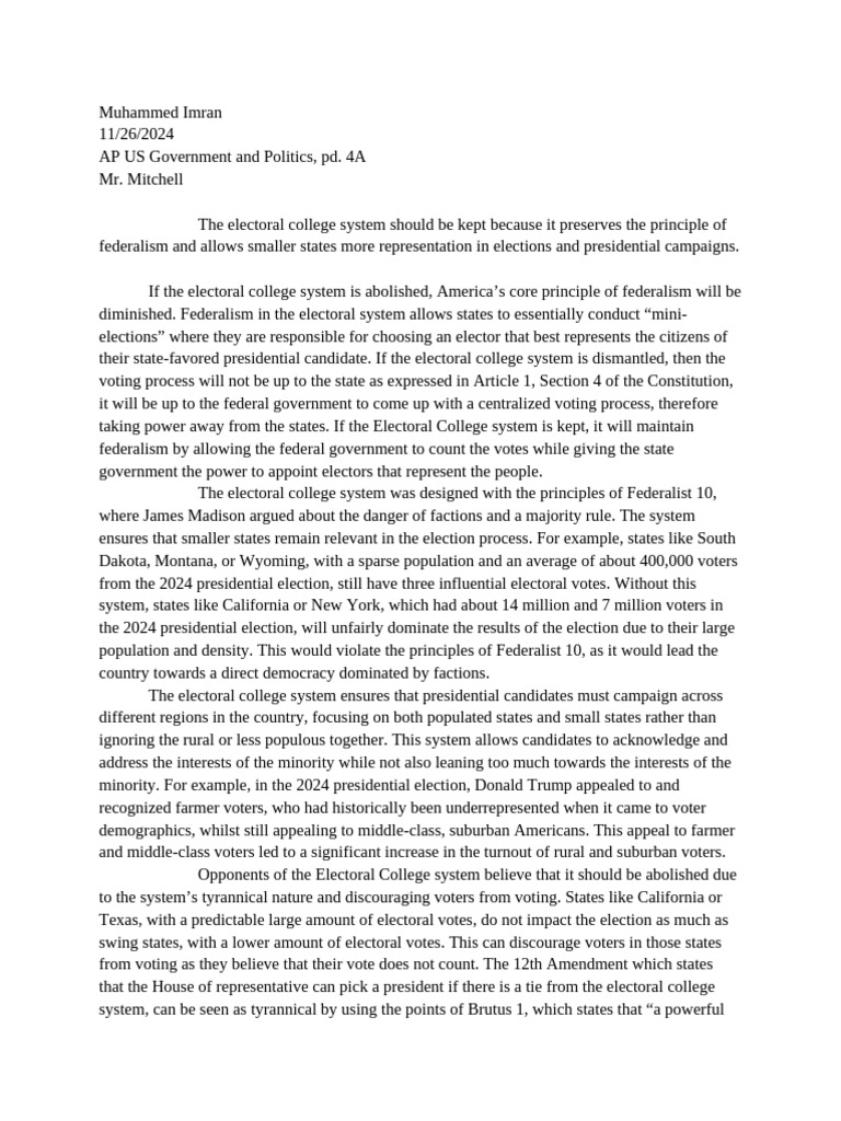 Electoral College Argument FRQ-Muhammed Imran | PDF | Elections ...
