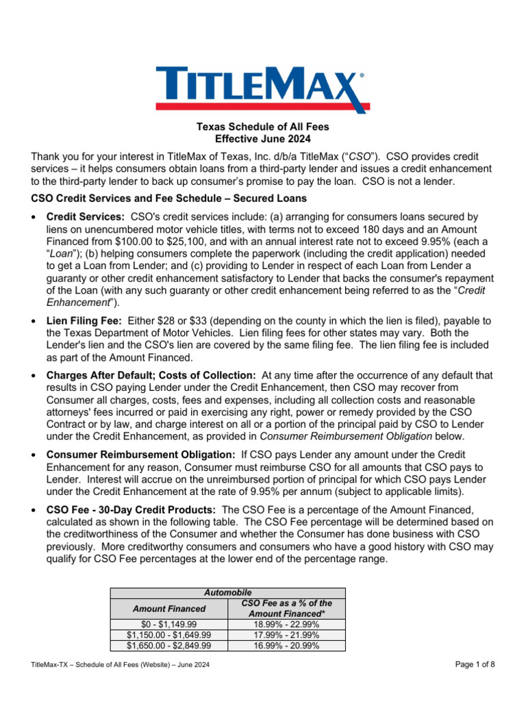 Texas Schedule of All Fees Effective June 2024: Automobile Amount ...