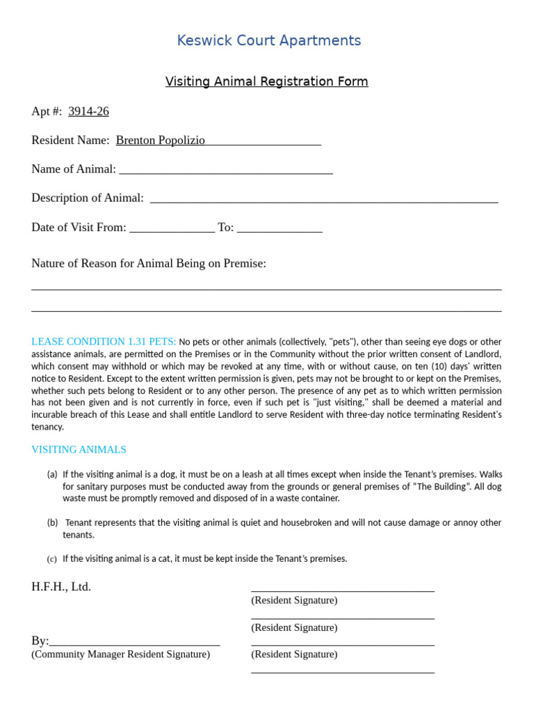 Visiting Animal Registration Form | PDF | Leasehold Estate | Lease