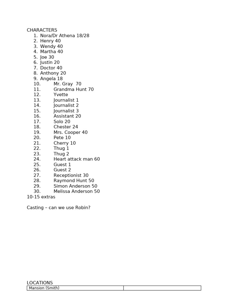 Nora Character and Locations Initial Breakdown | PDF