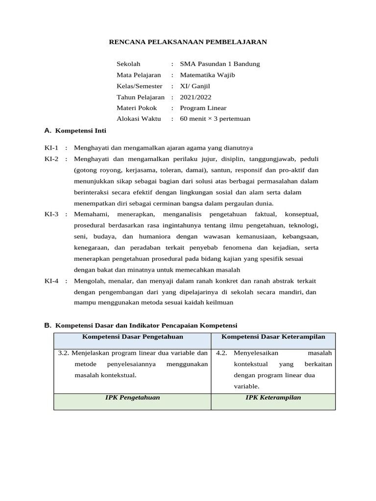 1. RPP PROGRAM LINEAR, Instrumen Penilaian, kisi-kisi soal, instrumen soal (Riska Aspul Lestari ...