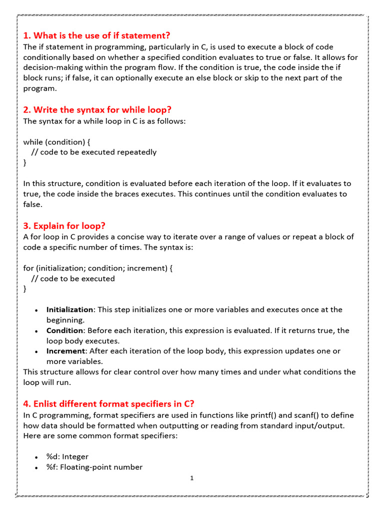 Short Questions and Answer | PDF | Control Flow | Multiplication