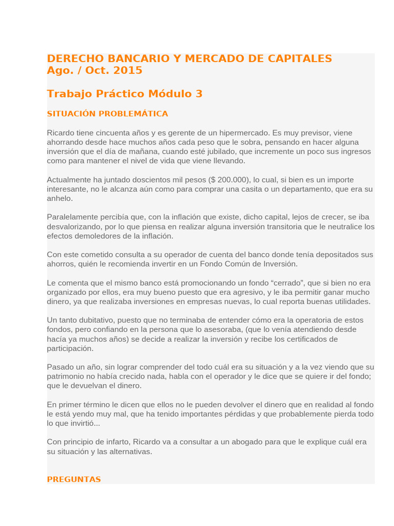 Trabajo Práctico Módulo 3 - Derecho Bancario | PDF | Inversiones | Fondo de inversión