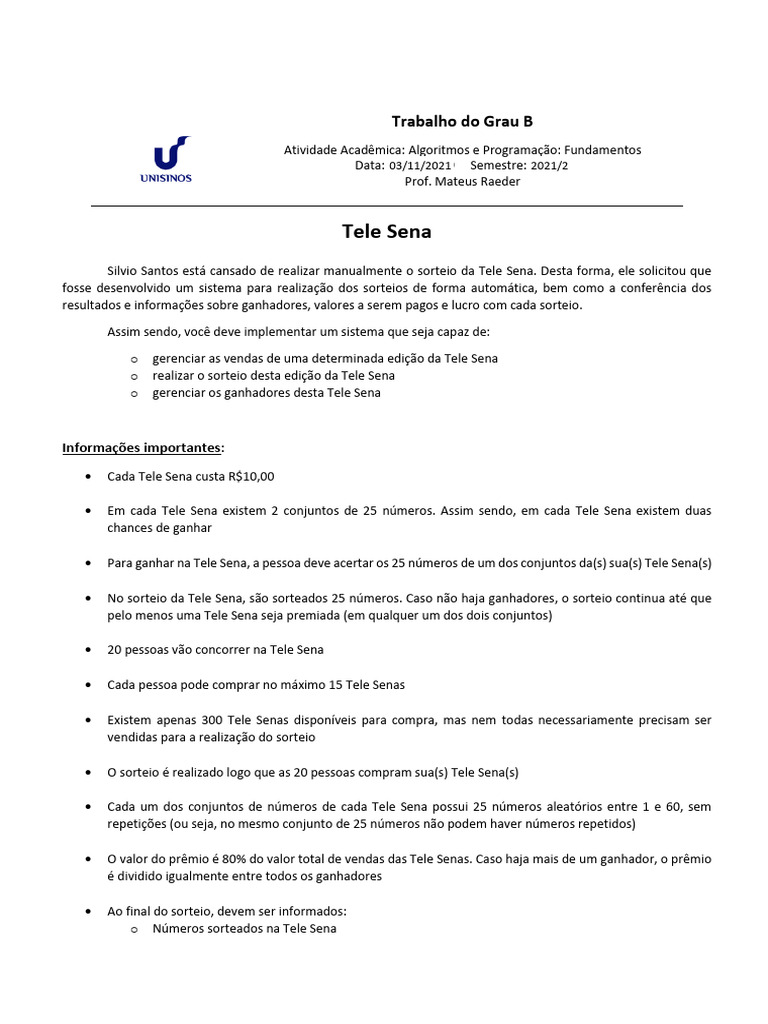 Trabalho B Algoritmos Programacao Fundamentos 2021 2 | PDF