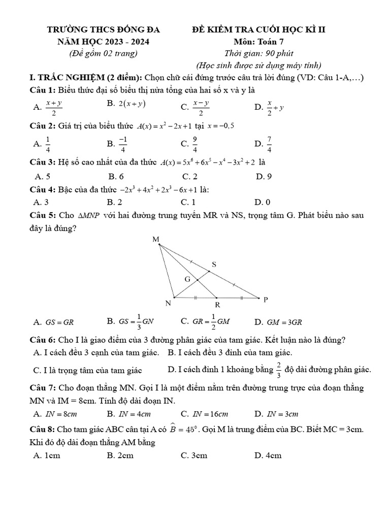 De Cuoi Hoc Ky 2 Toan 7 Nam 2023 2024 Truong Thcs Dong Da Ha Noi | PDF