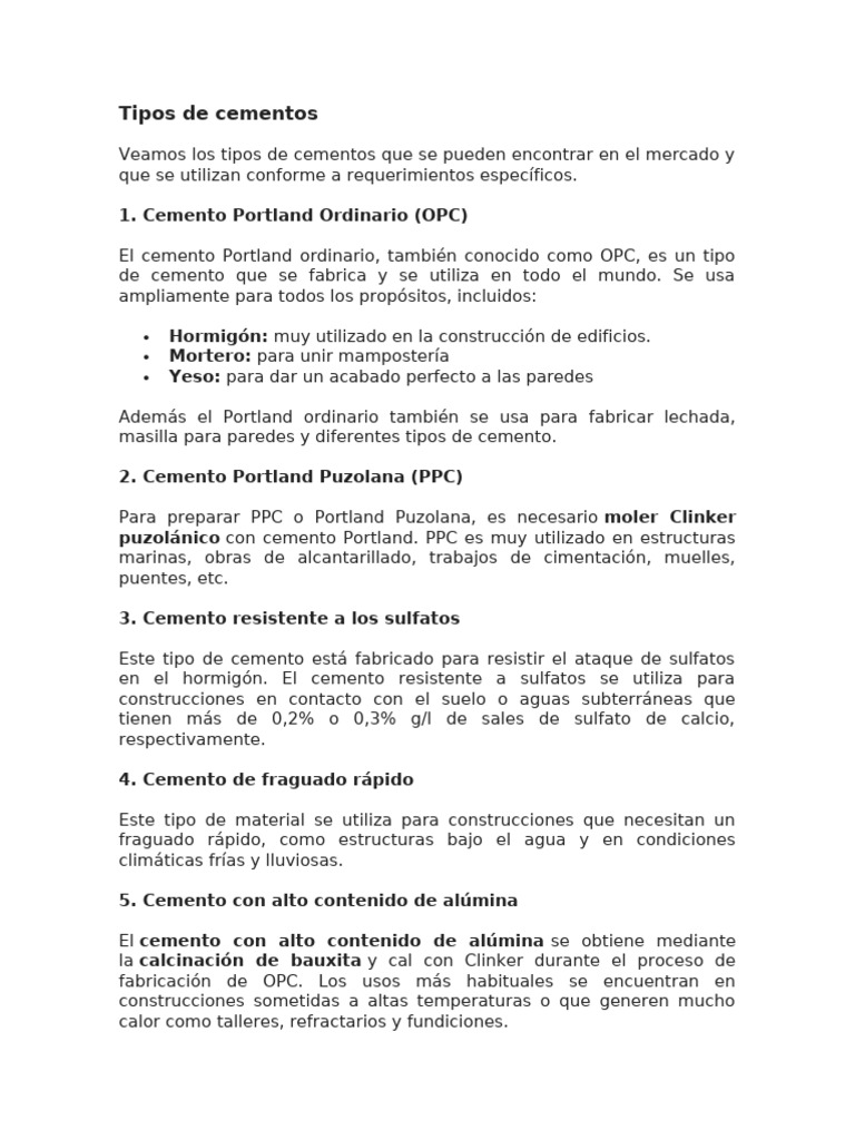 Tipos de Cementos | PDF | Cemento | Hormigón