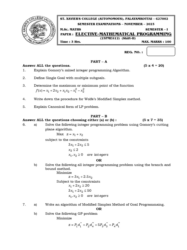 23pme512 Elective Mathematical Programming (S 2) 2 | PDF | Theoretical ...